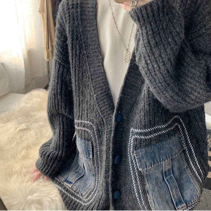 Lazy Denim Pocket Patchwork Sweater Jacket – stylesock