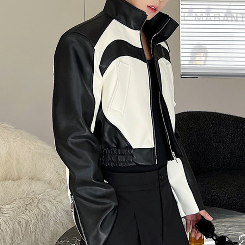 Stand Collar Contrast Color Casual Short Leather Jacket – stylesock