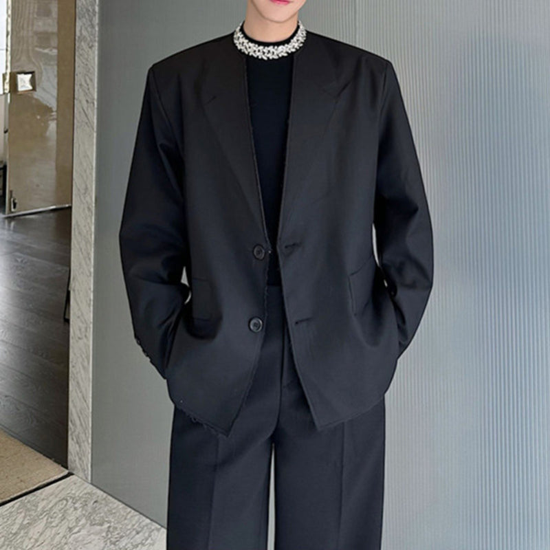 Black Collarless Loose-fitting Suit Jacket – stylesock
