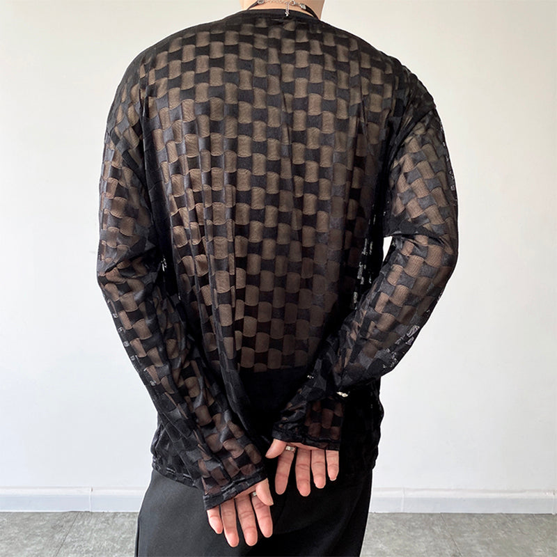 Mesh Jacquard Cutout Long Sleeves Translucent T-Shirt – stylesock
